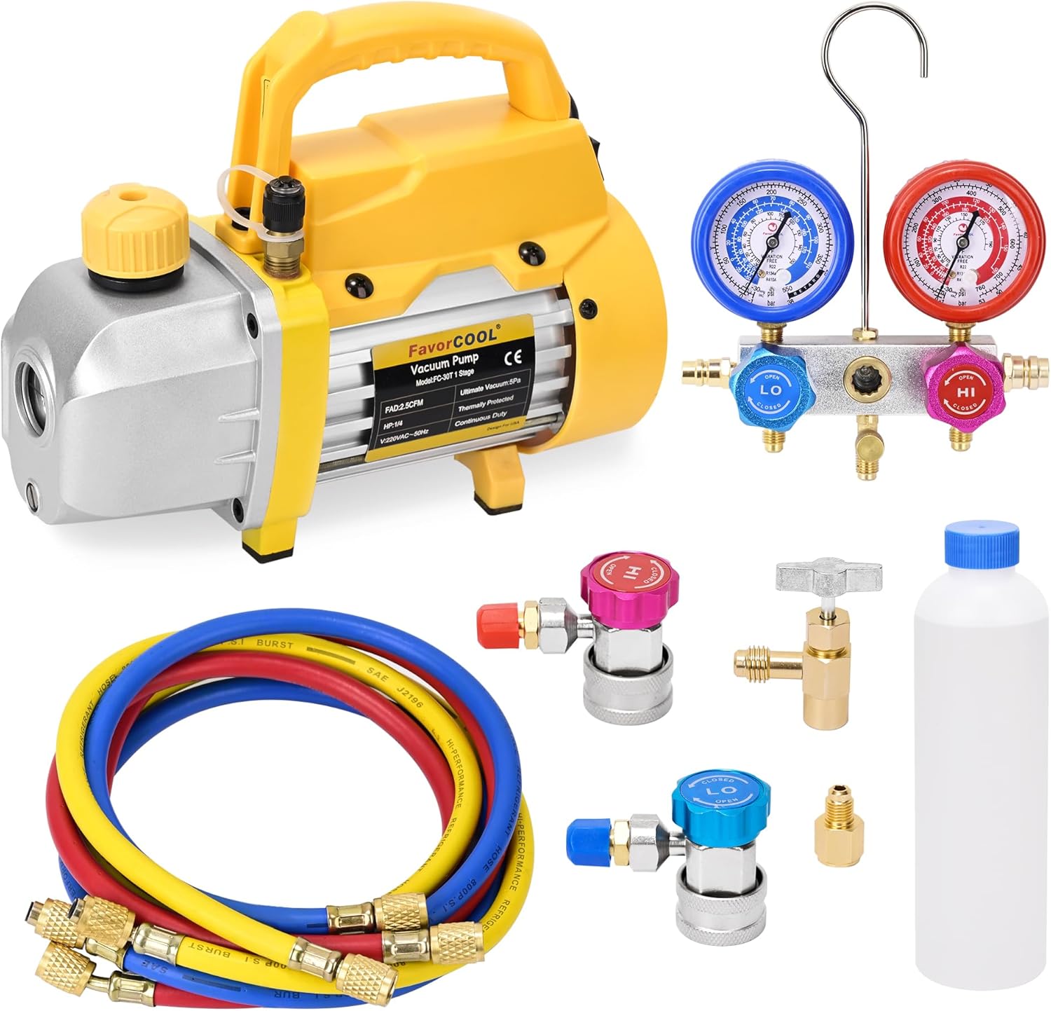 AC Gauges and Vacuum Pump Kit, 3 cfm 1/4 HP HVAC Vacuum Pump and AC Ma ...